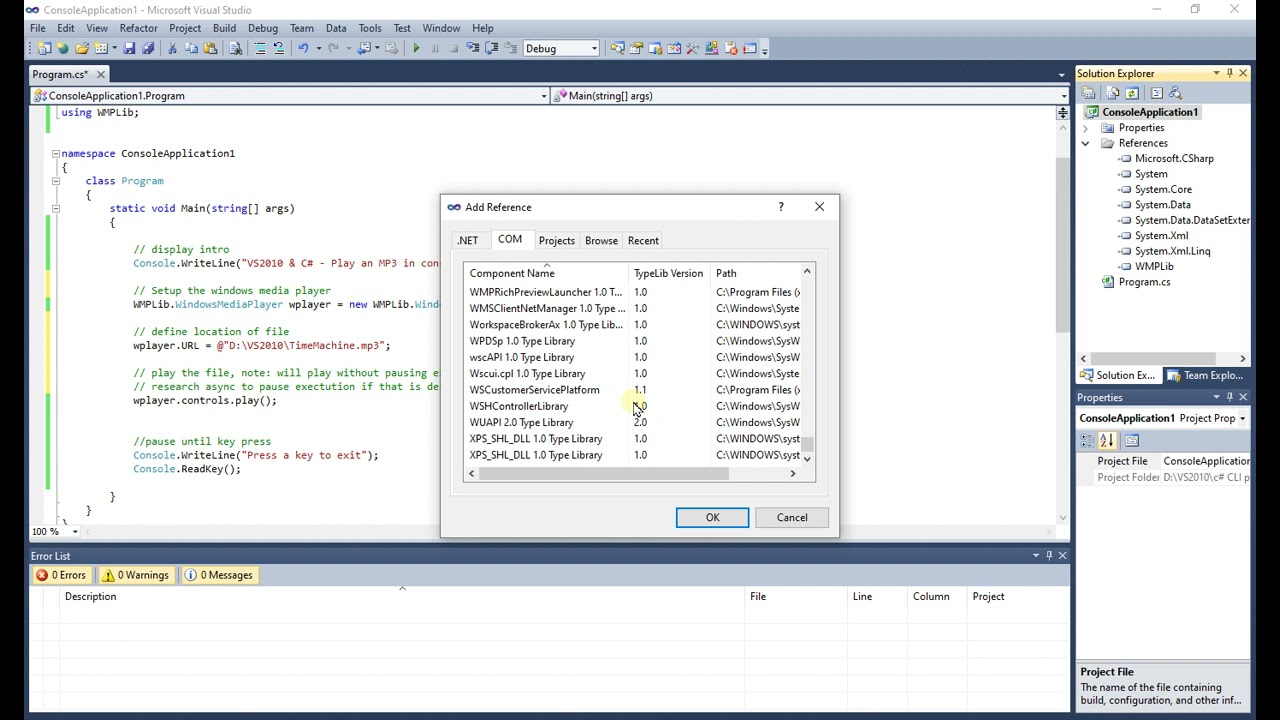 C And Visual Studio 2010 Add Reference To Windows Media Player To Play