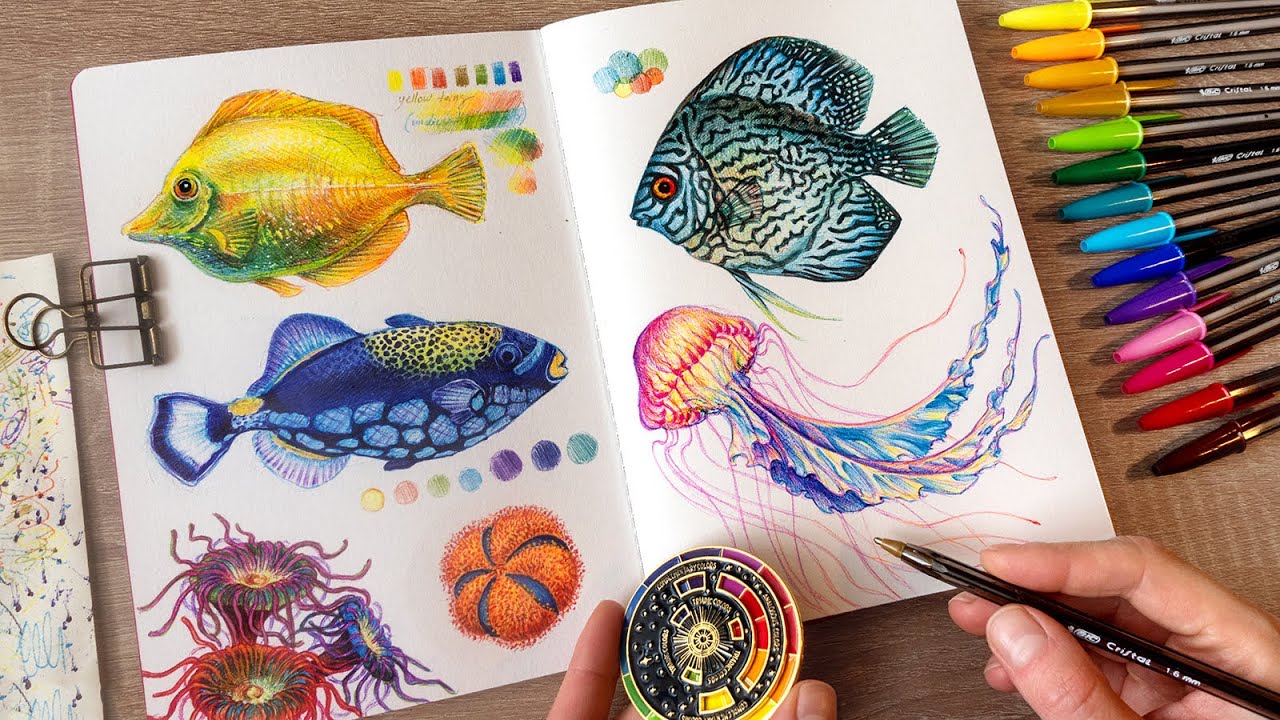 Drawing Ocean Animals With 15 Ballpoint Pens No Music No Talking рџђџ