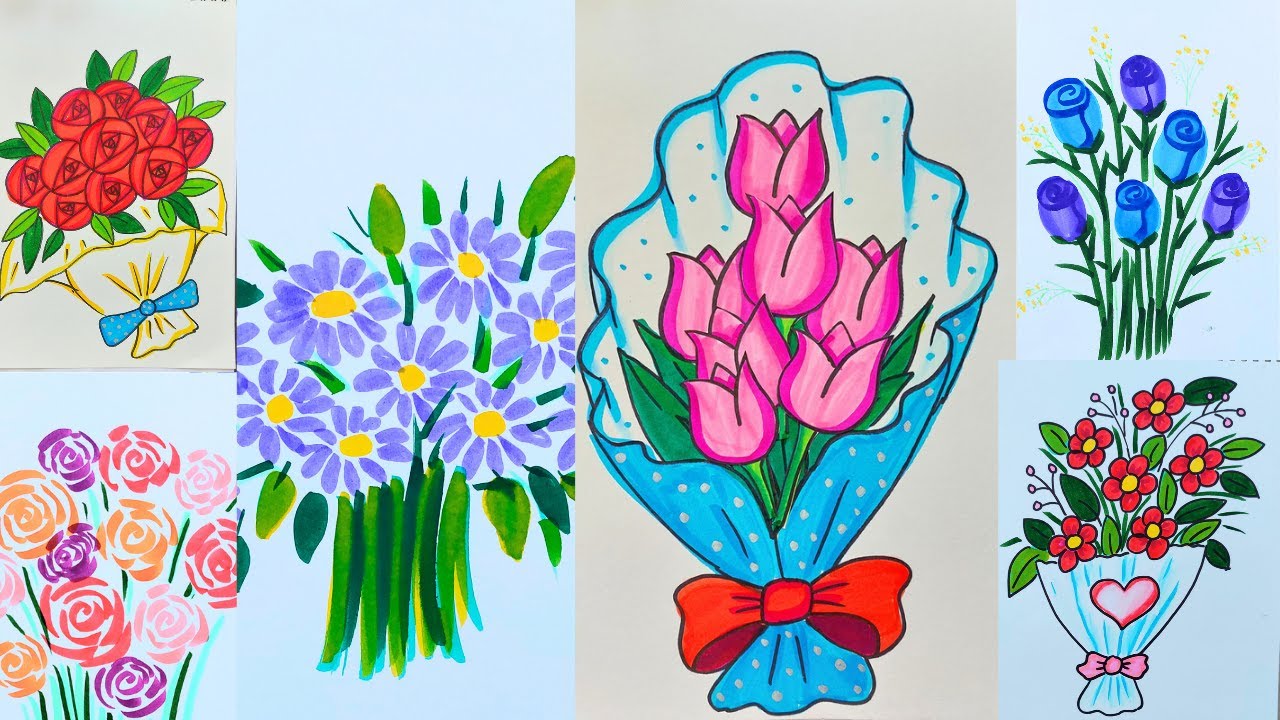 Flower Bouquet Drawing For Kids Printmaking Vase Of Flowers