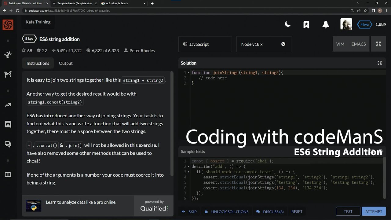 Codewars Javascript Solution Es6 String Addition 8 Kyu Master The
