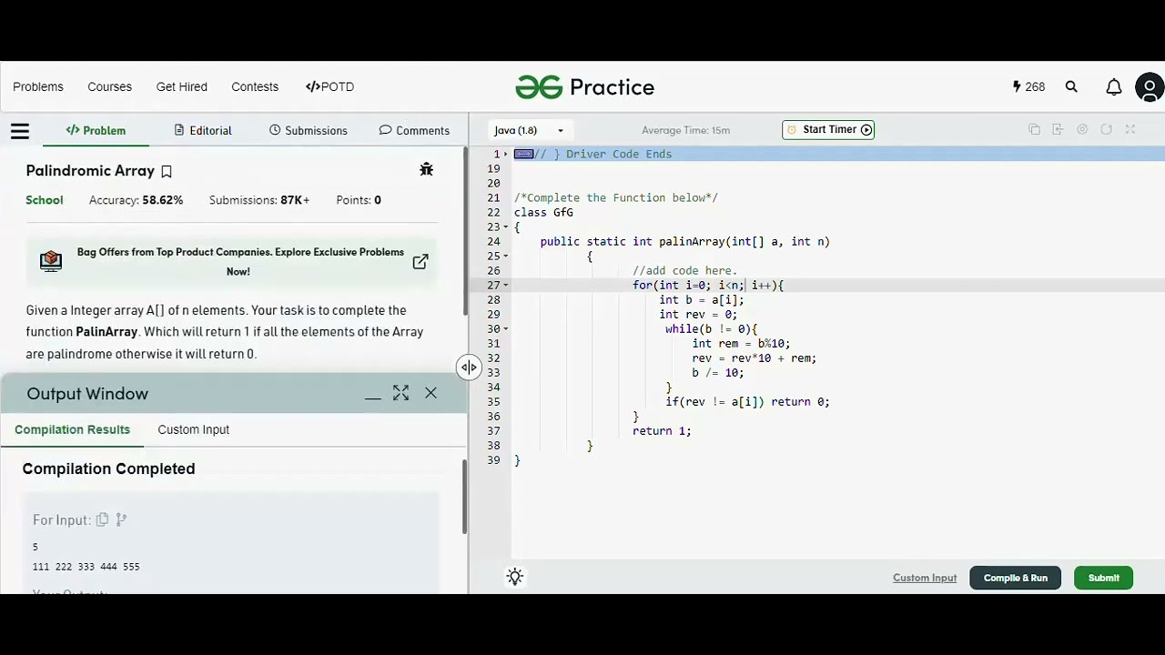 Palindromic Array Gfg Practices Youtube