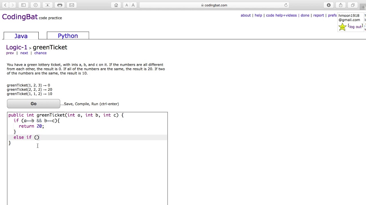 Logic 1 Greenticket Java Tutorial Codingbat Com Youtube