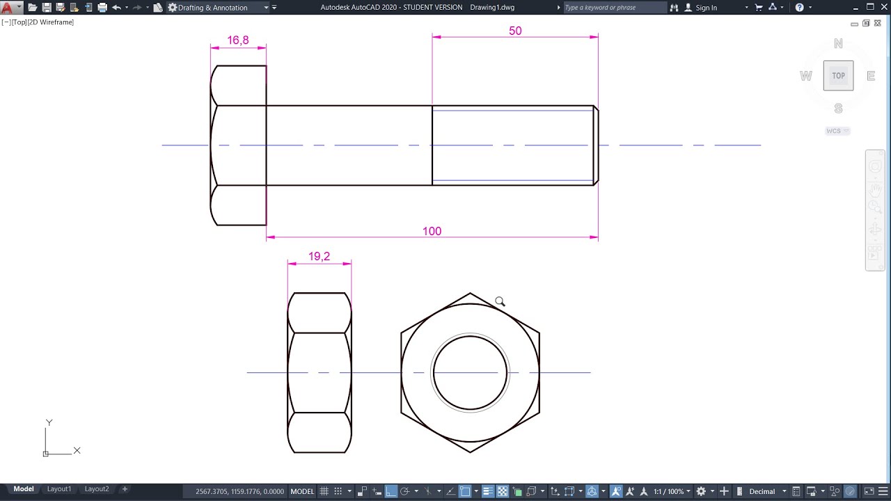 Cıvata Ve Somun çizimi Nut And Bolt Drawing Autocad 2d Practice