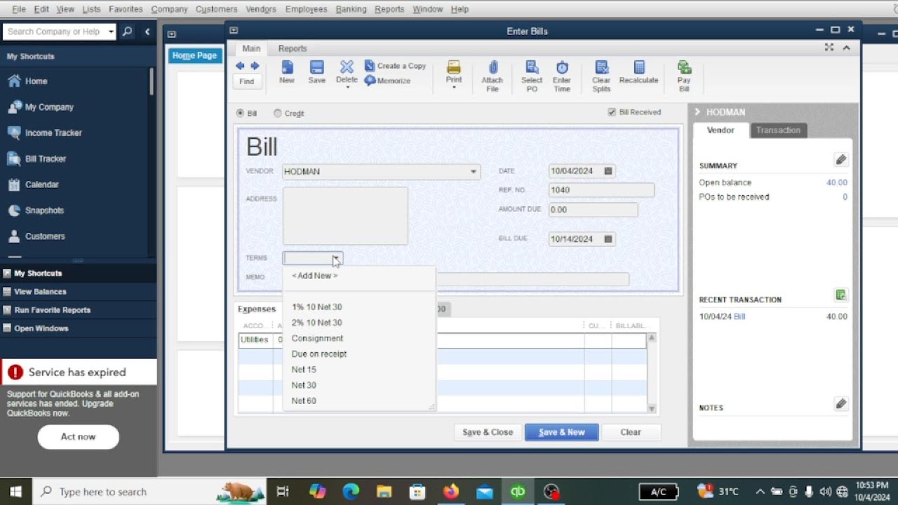 Lesson 11 How To Enter Bills In Quick Book Youtube
