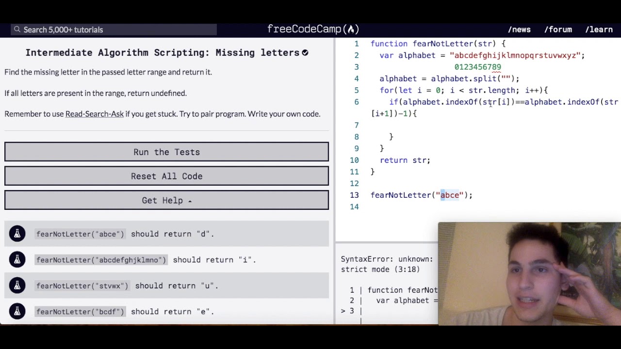 Freecodecamp Intermediate Algorithm Missing Letters Youtube