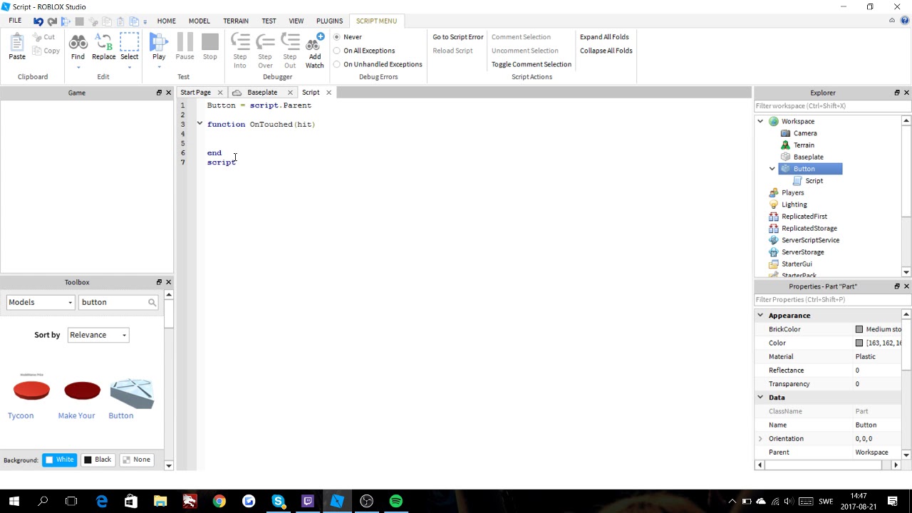 Roblox Scripting Tutorial On Touch Function Youtube