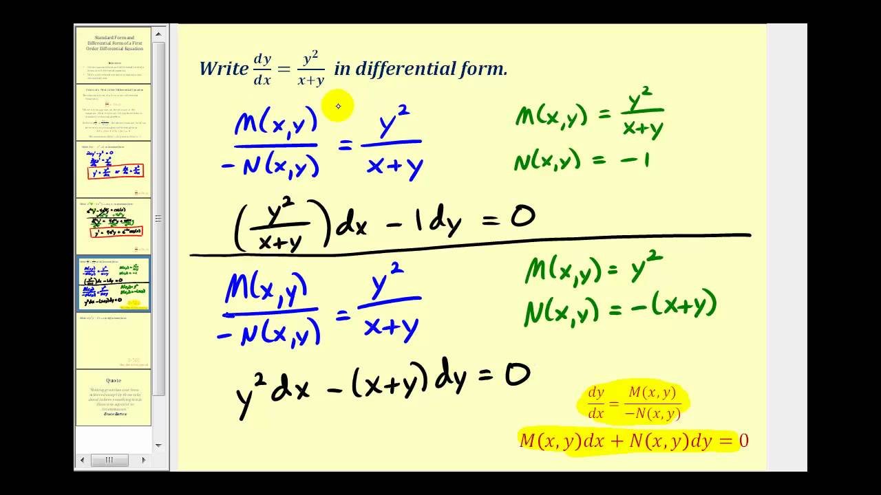 Standard And Differential Form Of First Order Differential Equations
