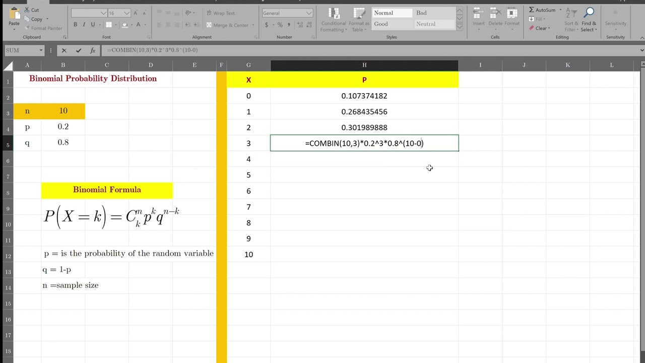 How To Calculate The Binomial Probability Distributions In Excel Youtube