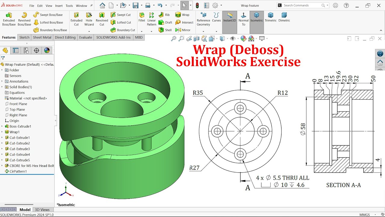 Wrap Feature Deboss In Solidworks Exercise Youtube