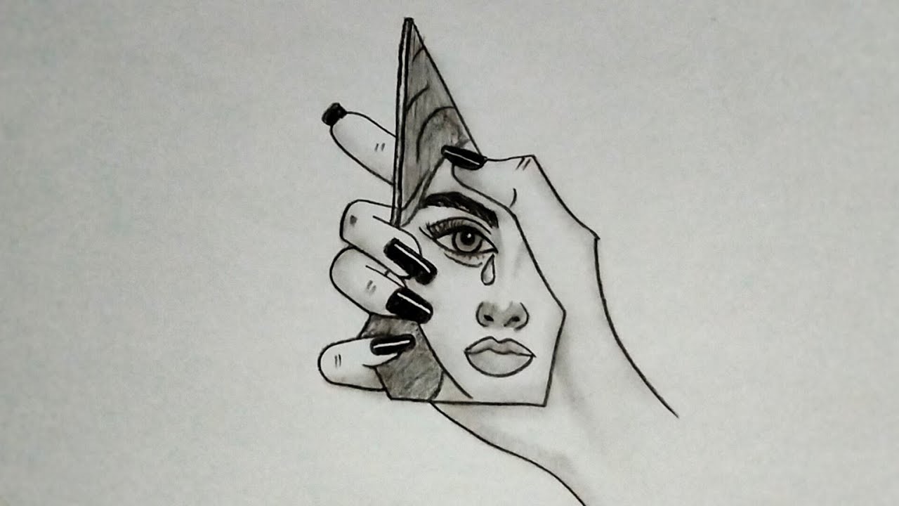How To Draw A Sad Girl S Face Reflected On A Broken Mirror Step By