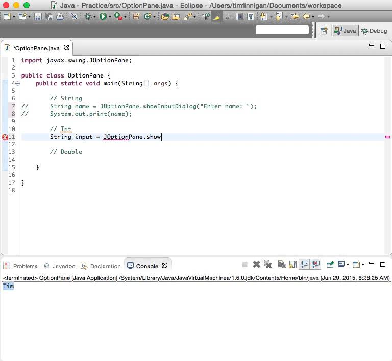 Create An Option Pane For User Input Java Youtube
