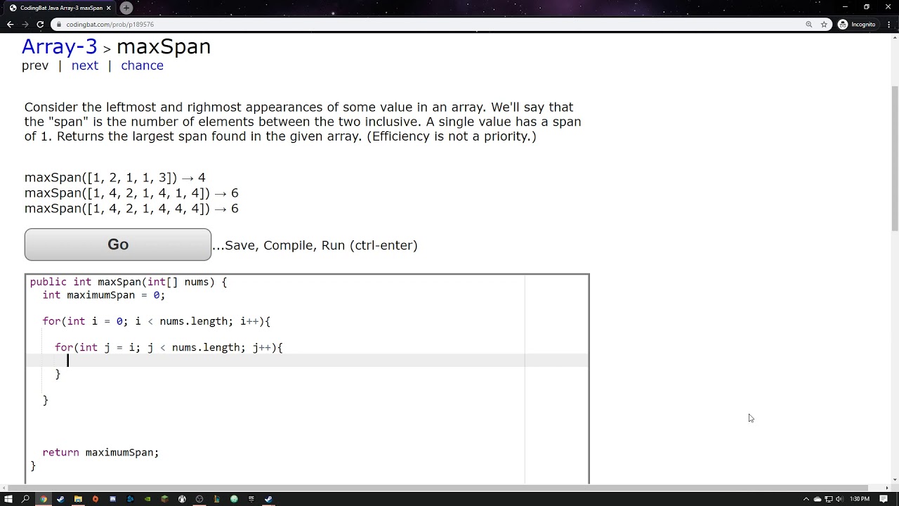 Coding Bat Java Arrays 3 Max Span Youtube
