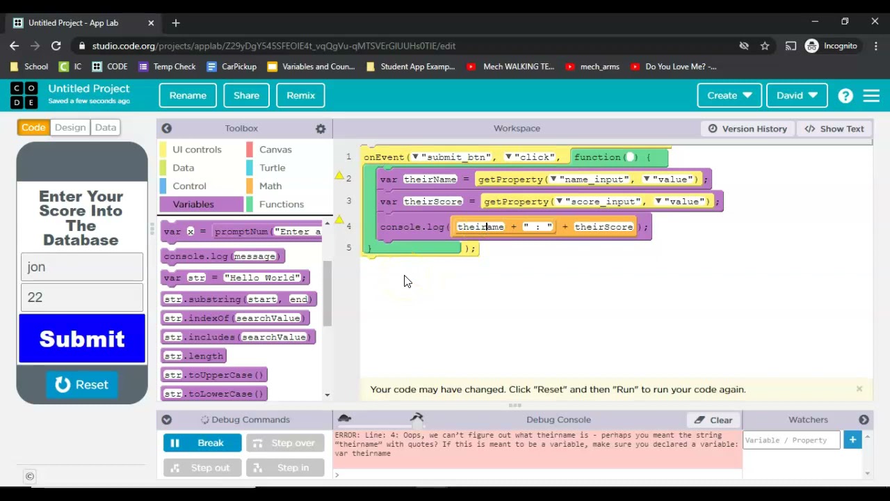Creating A Database From User Input In App Lab On Code Org Youtube