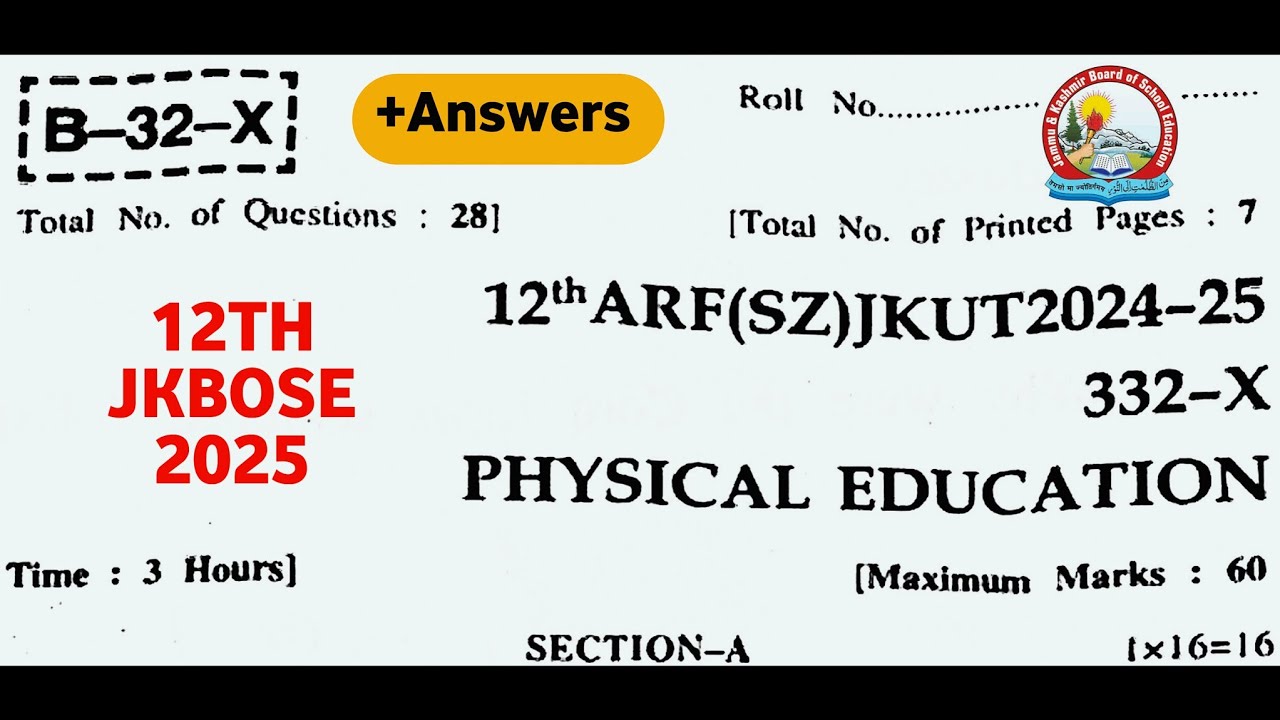Jkbose Class 12th Physical Education Paper 2025 Jkbose Physical