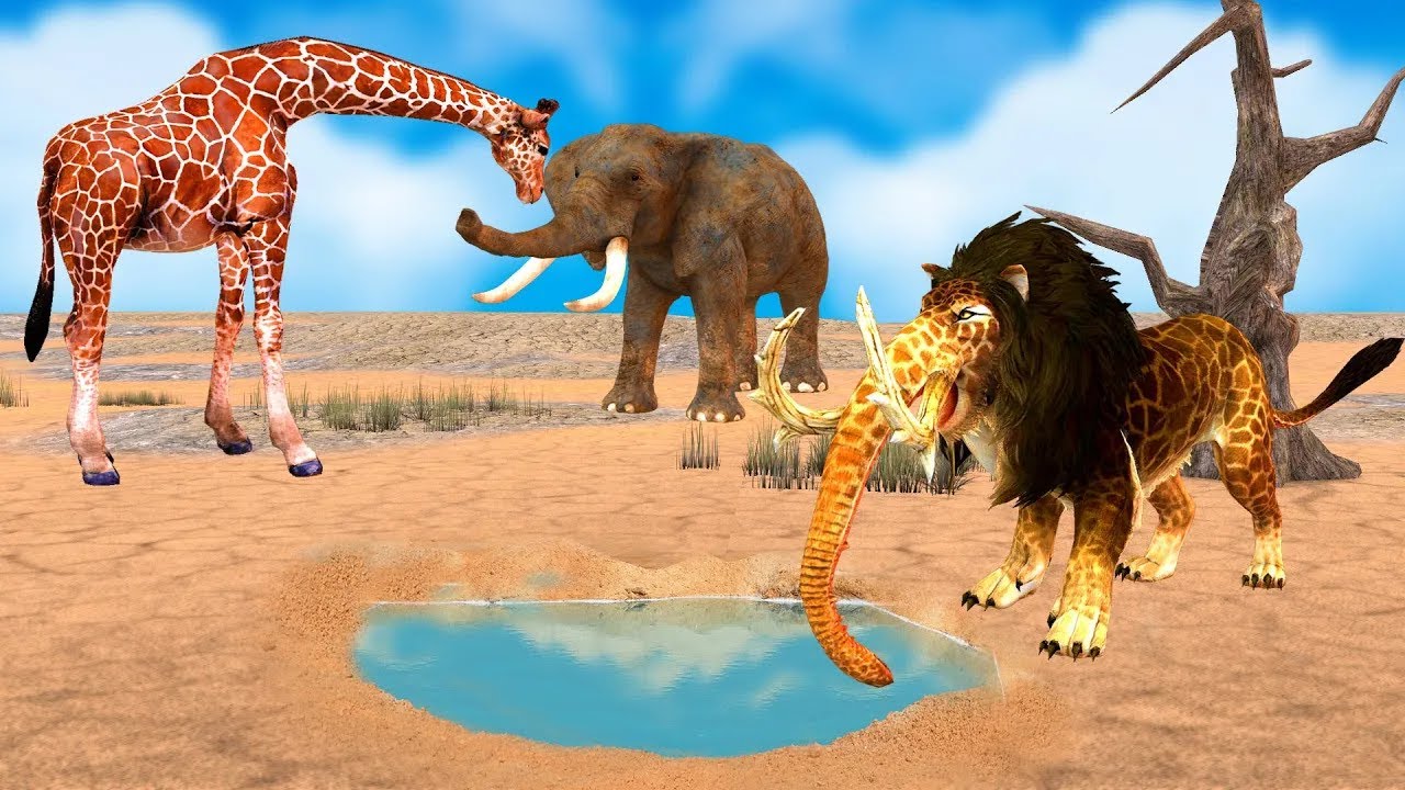Giant Elephant Vs Giraffe Water Fight Funny Animation Wild Animals