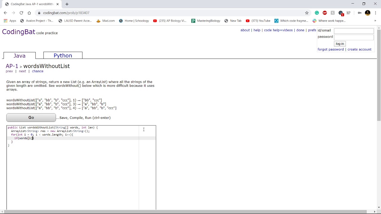 Ap 1 Wordswithoutlist Java Tutorial Codingbat Youtube