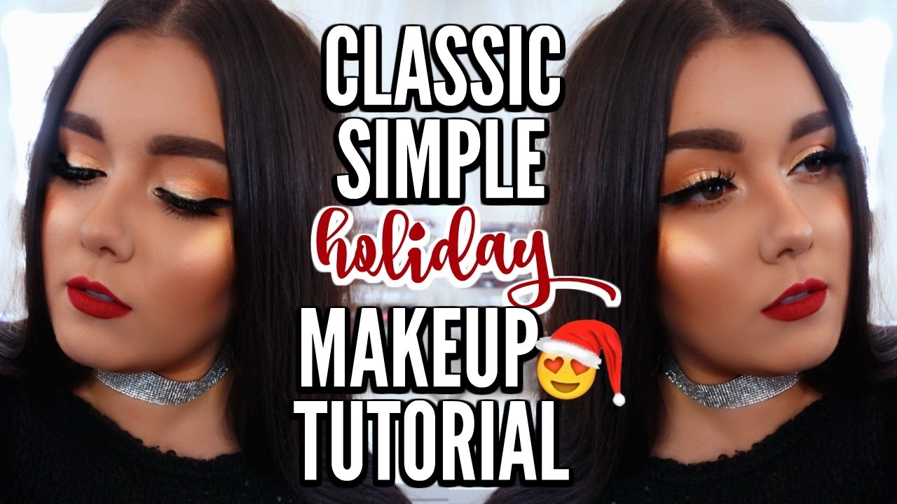 Classic Simple Holiday Makeup Tutorial 2016 Gold Eyes Red Lips