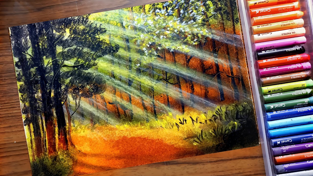 How To Draw Forest Landscape With Oil Pastel Easy Forest Landscape