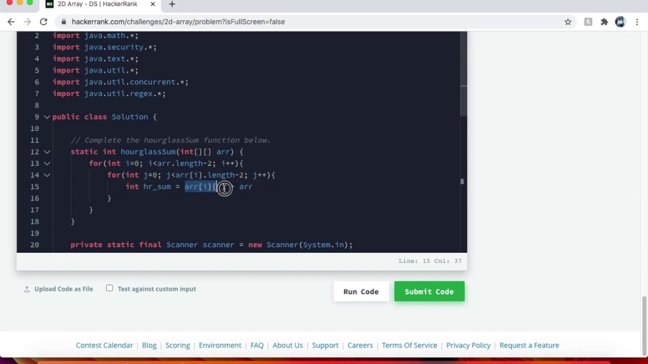 Hackerrank 2d Array Maximum Hourglass Sum Java Solution Youtube