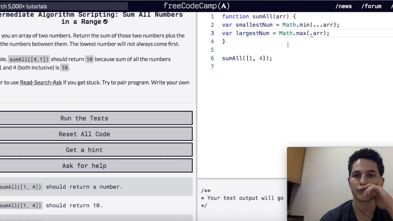 Freecodecamp Intermediate Algorithm Sumallnumbers Youtube