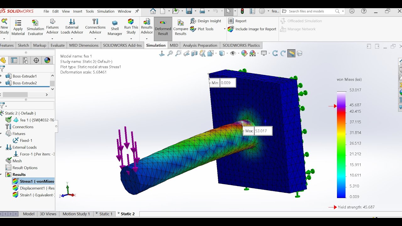 Solidworks Simulation Static Fea Analysis Alloy Round Beam Youtube