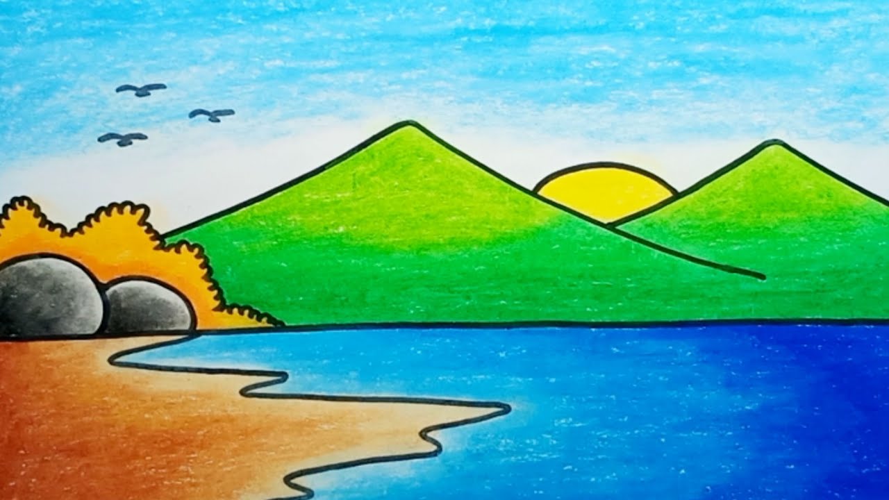 Beautiful Scenery Drawing Easy With Colour For Kids Step By Step