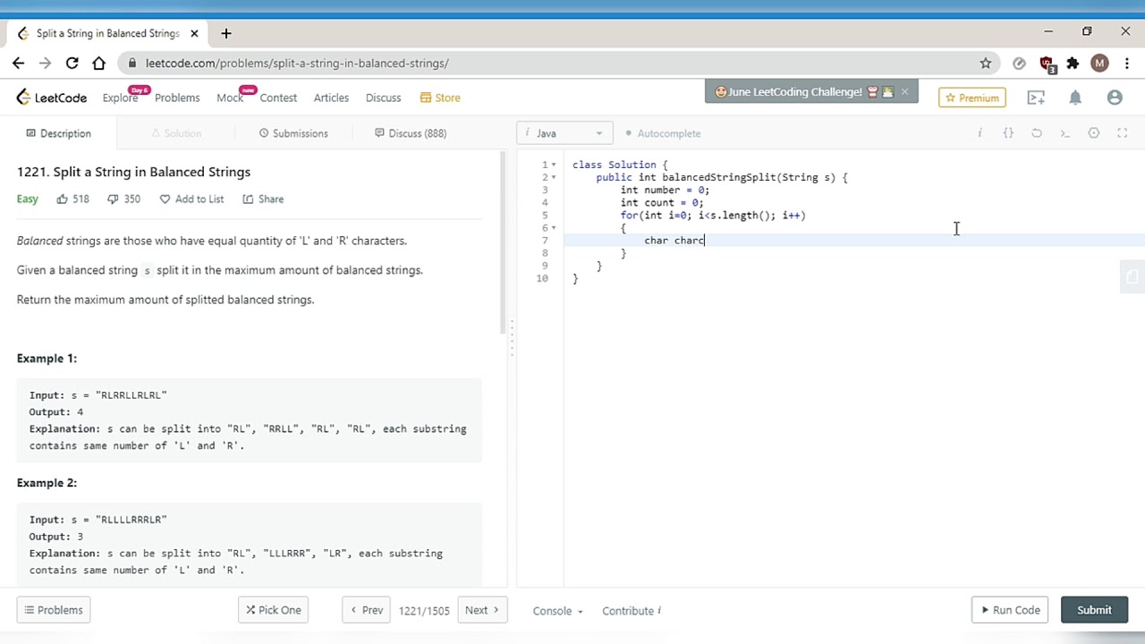 Split A String In Balanced Strings Using Java Leetcode Problem 1221