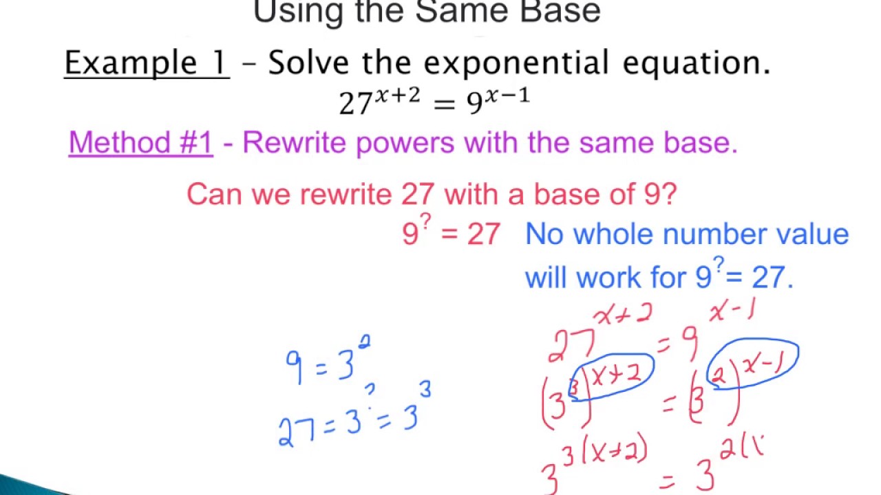 Solving Exponential Equations Using The Same Base Youtube