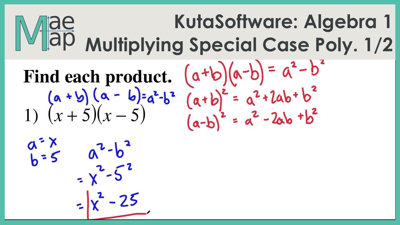 Kutasoftware Algebra 1 Multiplying Special Case Polynomials Part 1