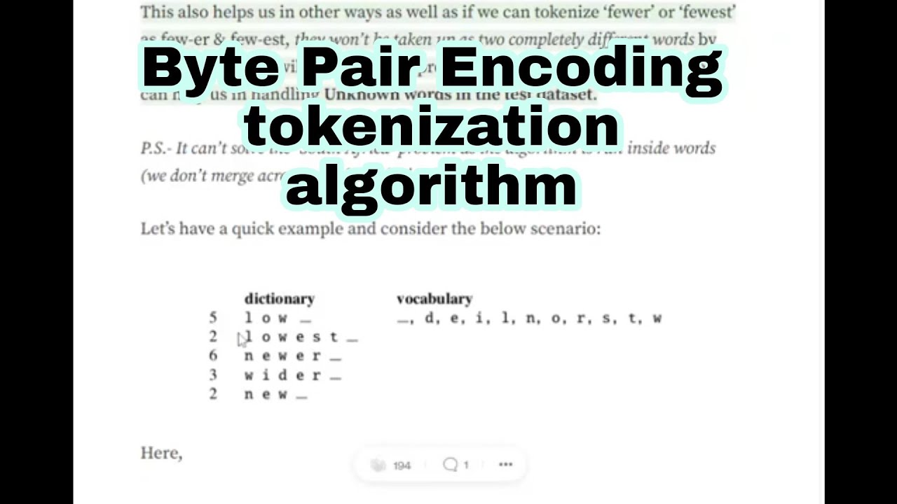 Byte Pair Encoding Tokenization Algorithm Explained Youtube