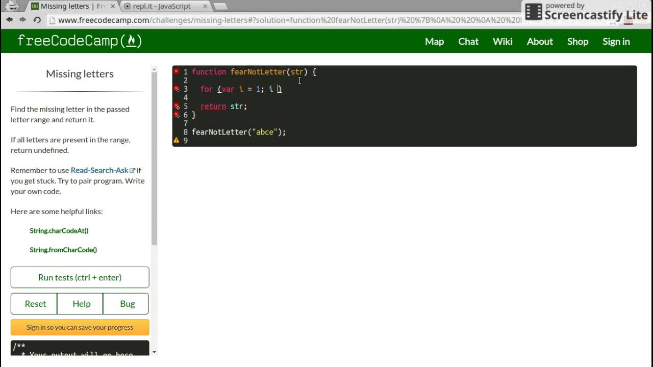 Walkthrough Missing Letters Fcc Intermediate Algorithms Youtube