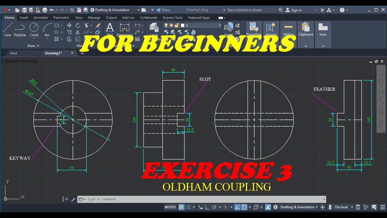 Autocad 2d Drawing Of An Oldham Coupling Youtube