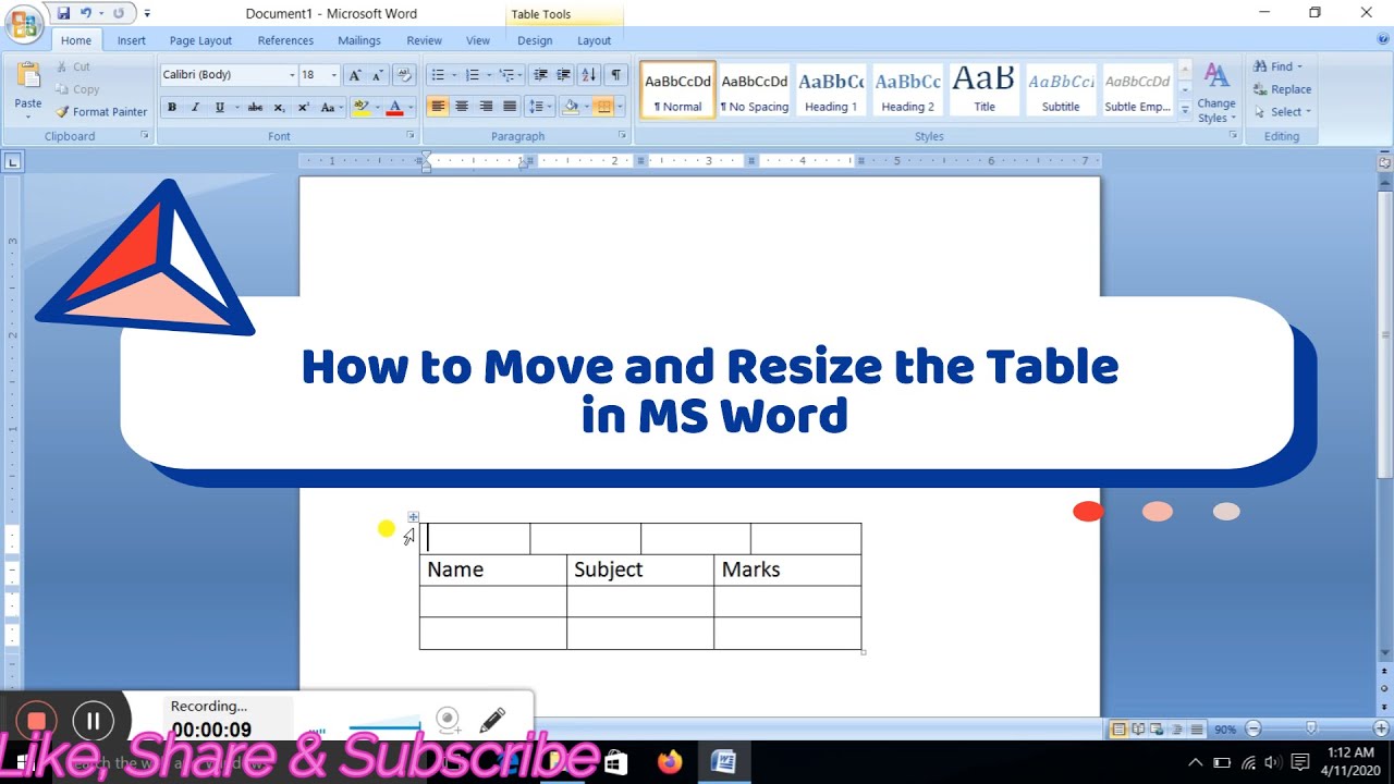 How To Move And Resize The Table In Ms Word Youtube