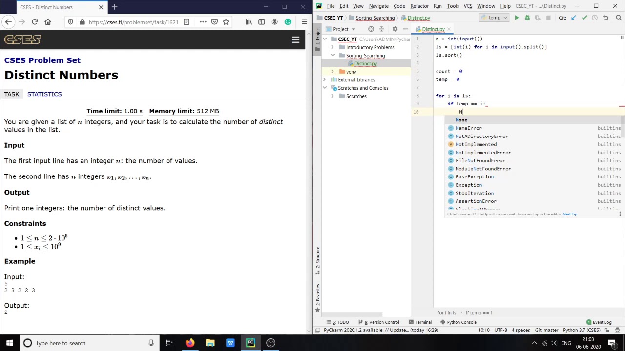 Python Distinct Numbers Algorithm Cses Sorting And Searching 1 Youtube