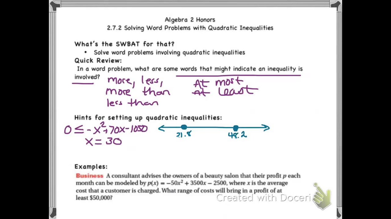 Quadratic Word Problems Worksheet Owhentheyanks