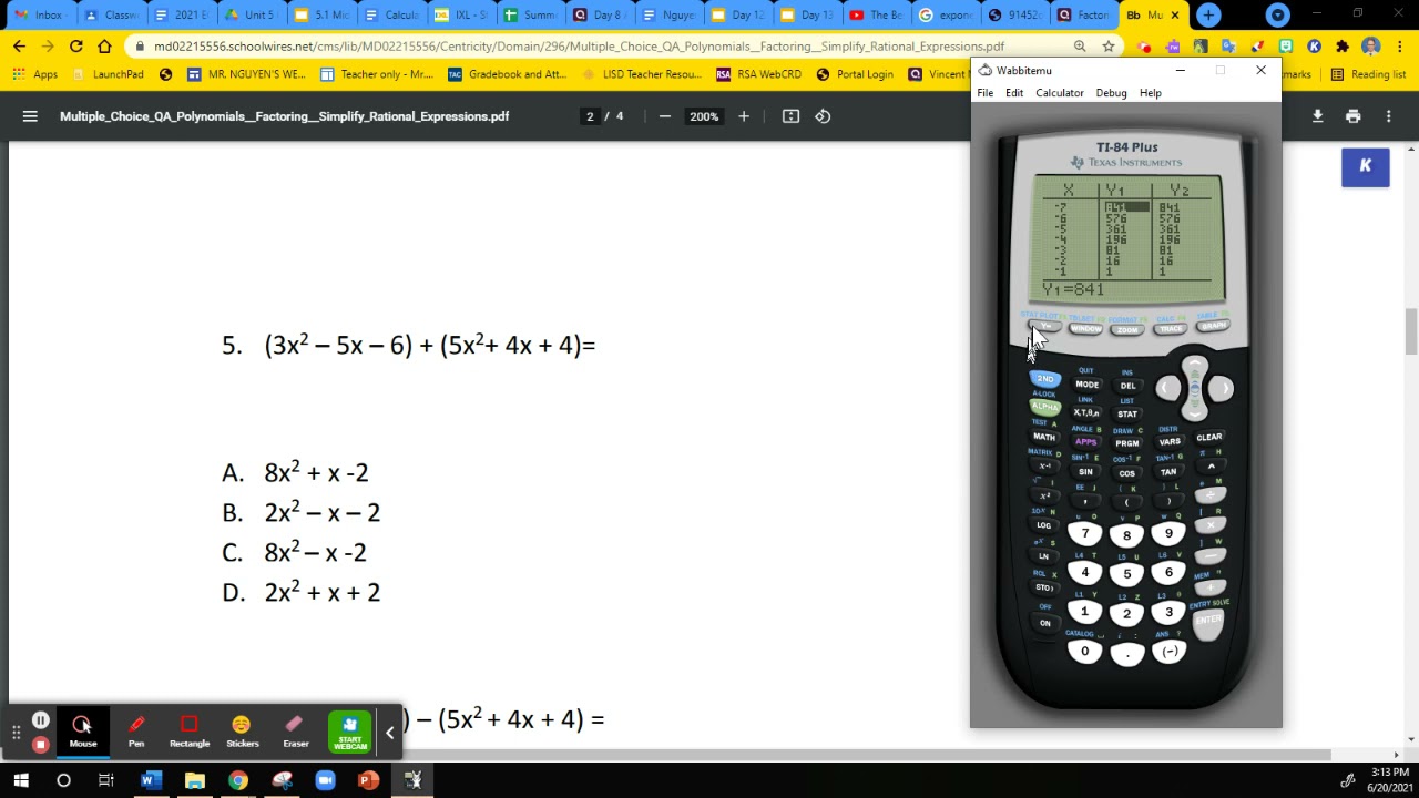 Using Ti 84 To Simplify Polynomials On The Algebra 1 Staar Test Youtube