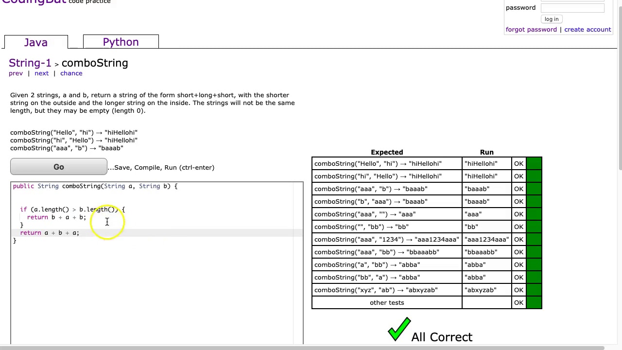 Codingbat Combostring Java Youtube