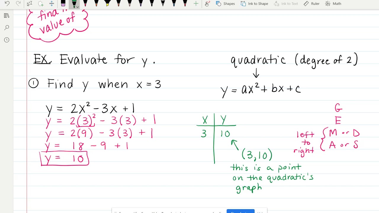 Evaluating Quadratics Youtube