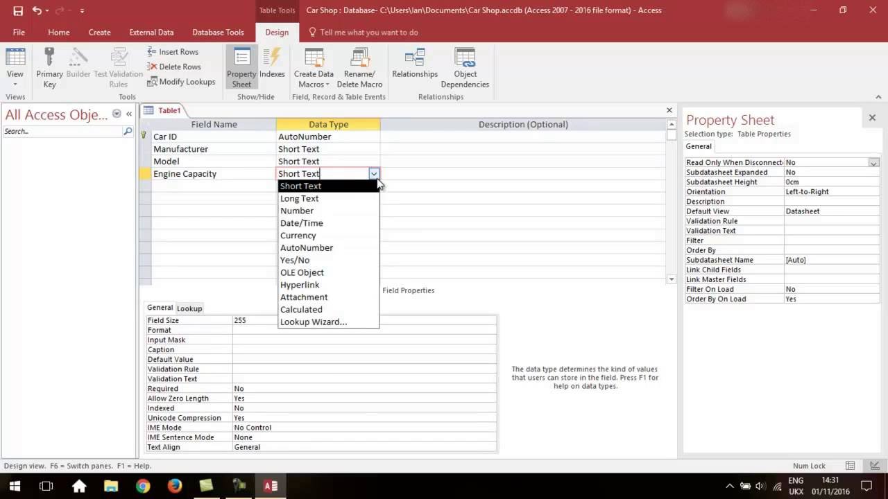 1 1 Access 2016 Creating A Table Youtube