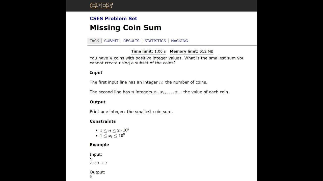 Missing Coin Sum Cses Task 2183 Cses Sorting And Searching Youtube