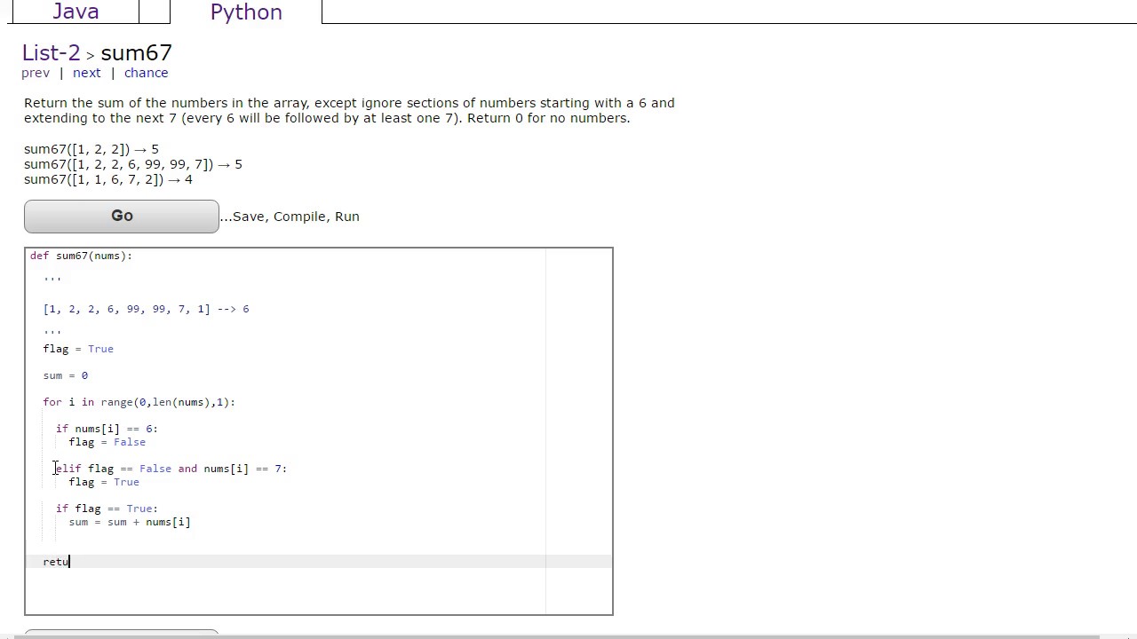 Codingbat Sum67 Python Lists2 Youtube