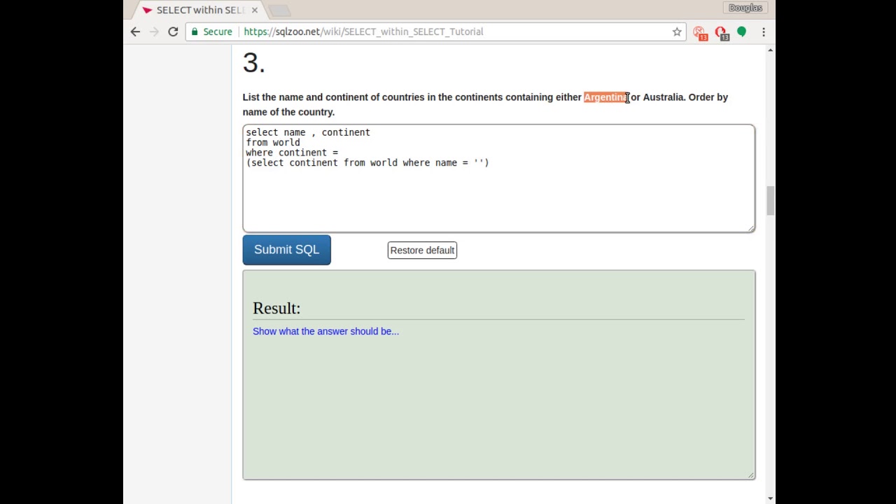 Sqlzoo Select In Select Q3 Youtube