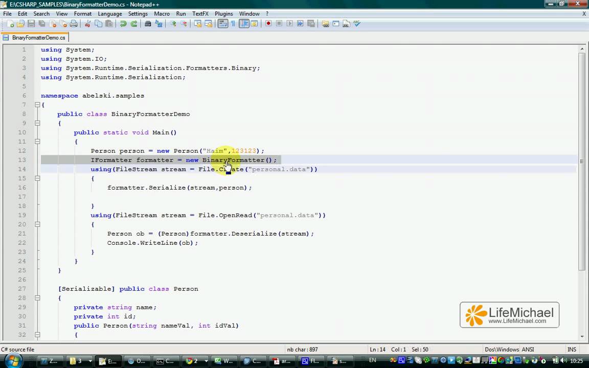 C Binaryformatter Serialization Deserialization Demo Youtube