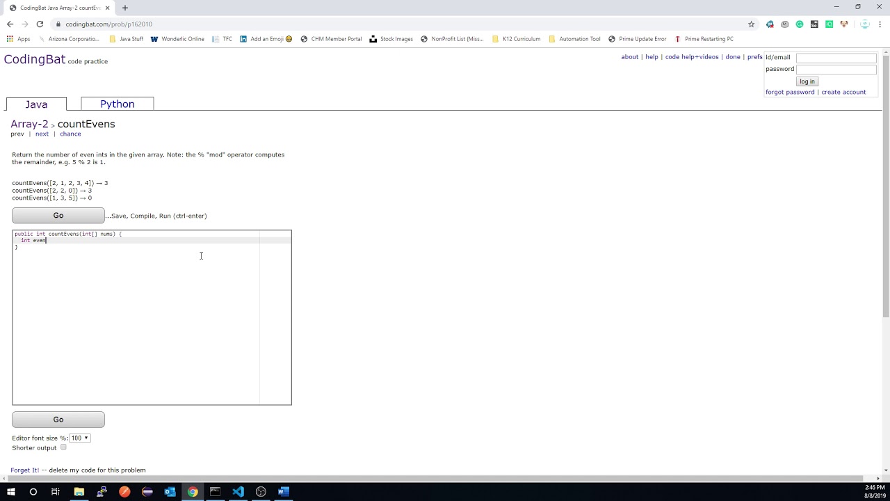 Coding Bat Array 2 Countevens Youtube