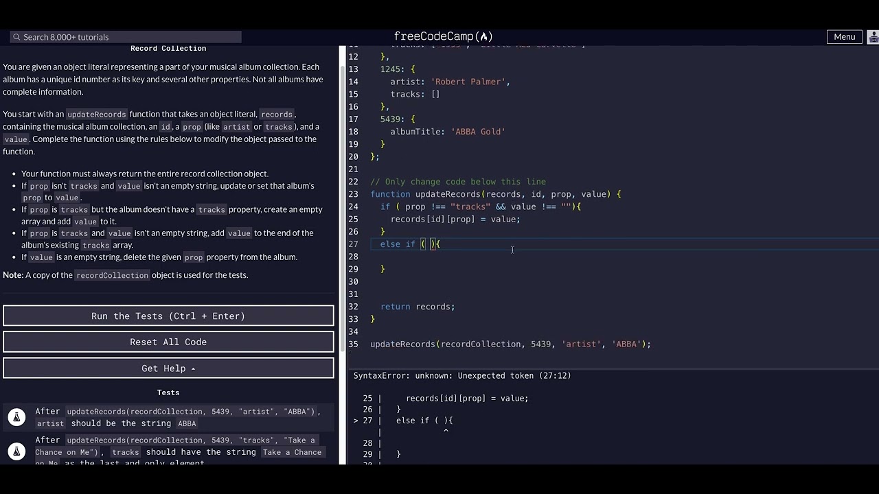 Record Collection Free Code Camp Help Basic Javascript Algorithms