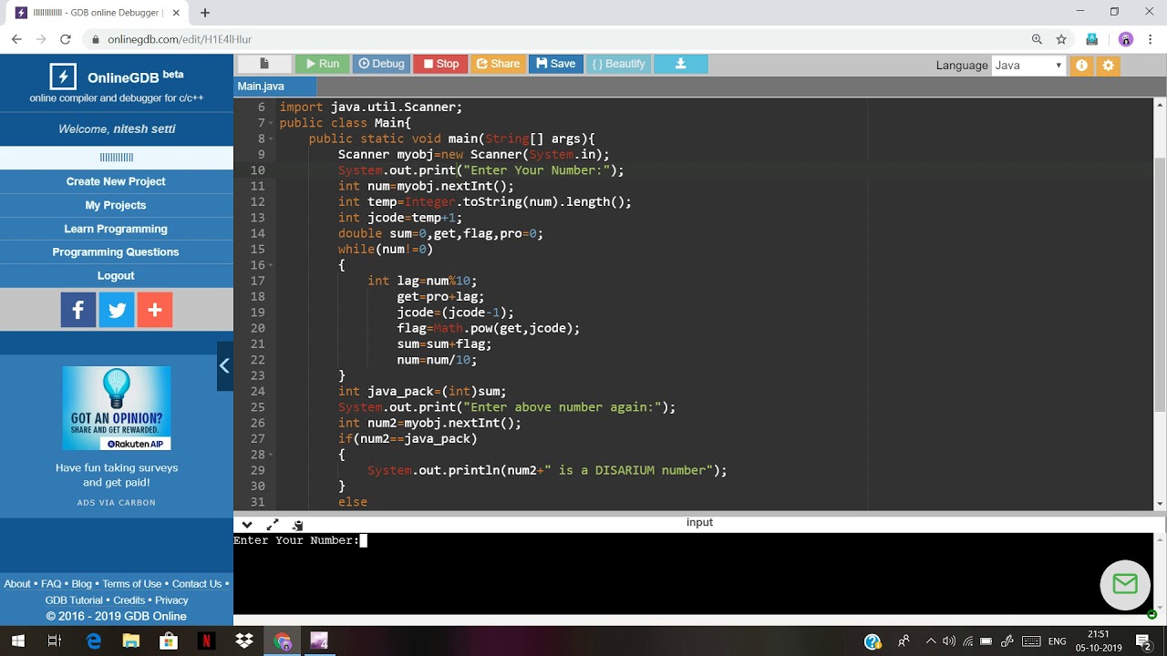 Java Program To Find Disarium Number Youtube