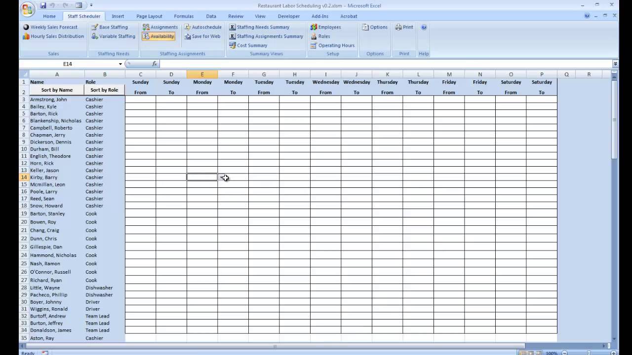 Availability Sheet For Work Template