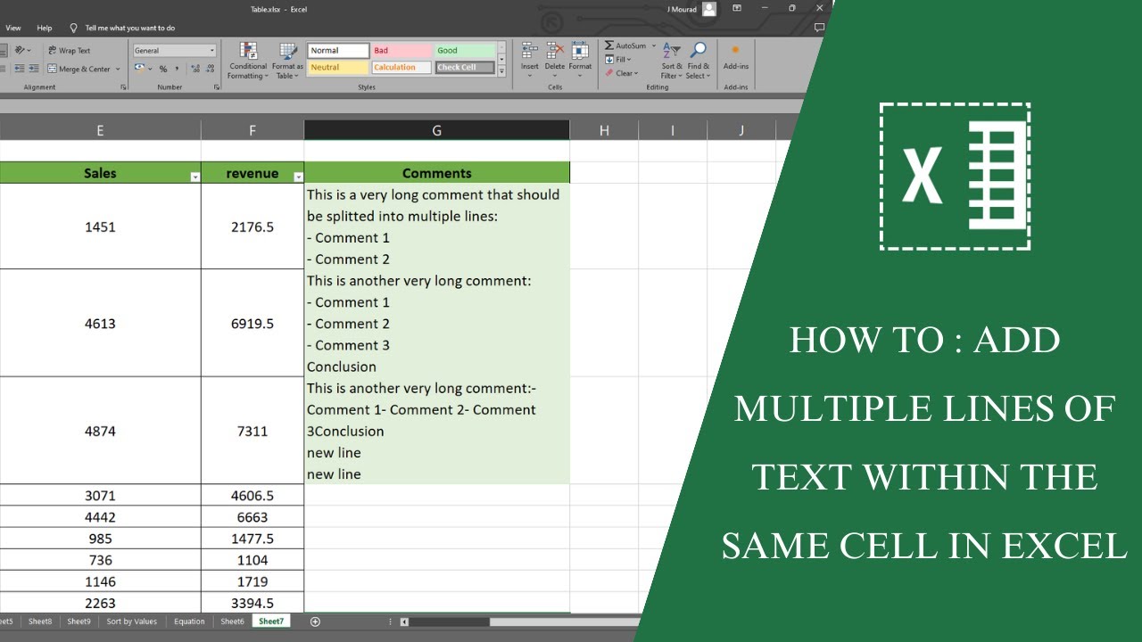 How To Add Multiple Lines Of Text Within The Same Cell In Excel Youtube