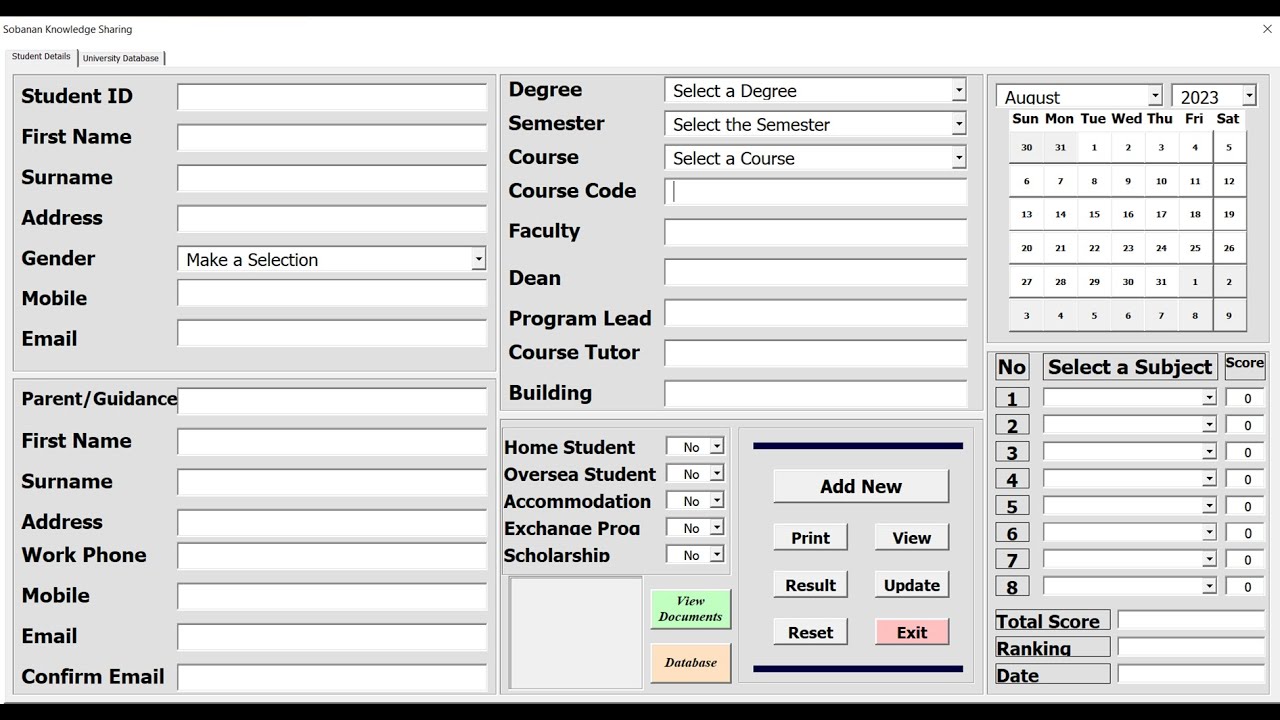 Student Management System University Database Excel Vba Project