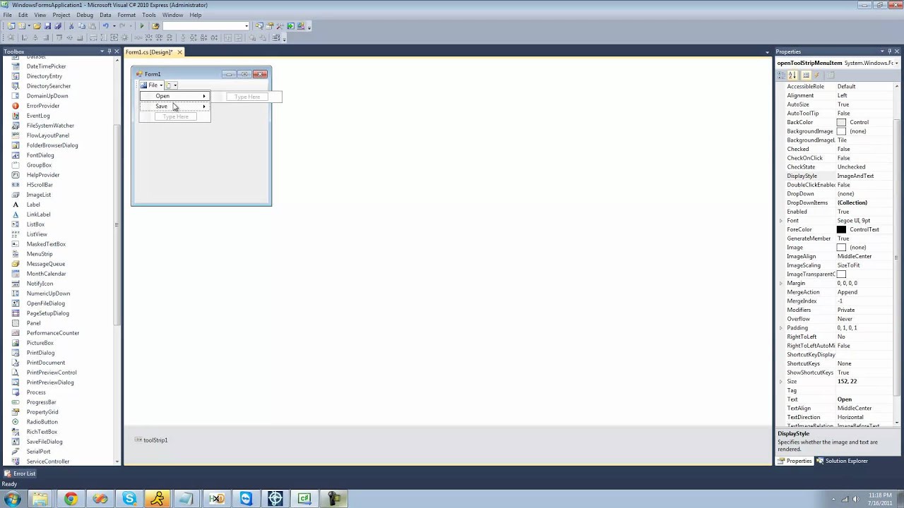C Beginners Tutorial 95 Toolstrip And Statusstrip Controls Youtube